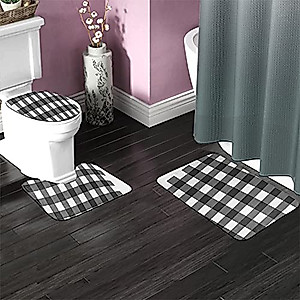 WONDERTIFY Gingham Checkered Bathroom Antiskid Pad Square Buffalo Check Plaid 3 Pieces Bathroom Rugs Set, Bath Mat+Contour+Toilet Lid Cover Black White