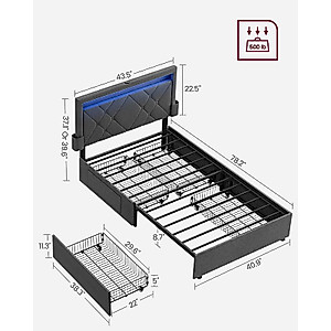 VASAGLE LED Bed Frame Twin Size with Headboard and 4 Drawers, 1 USB Port and 1 Type C Port, Adjustable Upholstered Headboard, No Box Spring Needed, Dark Grey URMB823G71