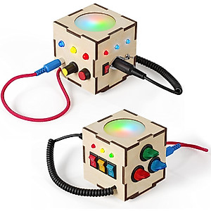 Montessori Busy Board Fidget Cube for Toddlers {Improved 2023 Version} Wooden Sensory Activity Cube Toys for Toddlers LED Light Up Buttons Pluggable Wires Baby Gifts Educational Learning Fidget Toy