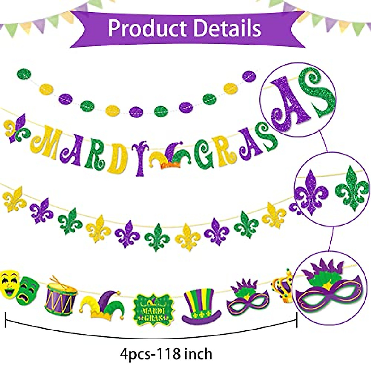 Mardi Gras Decorations Fat Tuesday Decor Fat Tuesday/Shrove Tuesday Hanging Bunting Banner New Orleans Party Mardi Gras Banner Gold Purple Green Circle Dots Garland Mardi Gras Mask Sign Banner Kit