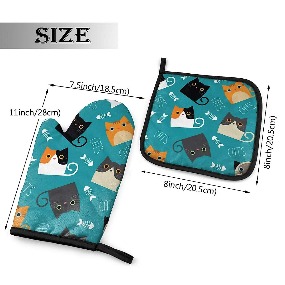 Cats Fishbone Oven Mitts and Pot Holders Set， Heat Resistant Kitchen Gloves with Inner Cotton Layer for Cooking Baking Grilling