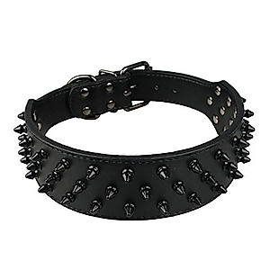 Benala 2" Black Leather Dog Collars Cool Spiked Studded Pet Dog Collar for Medium Large Dogs Pitbulls Mastiff Bully