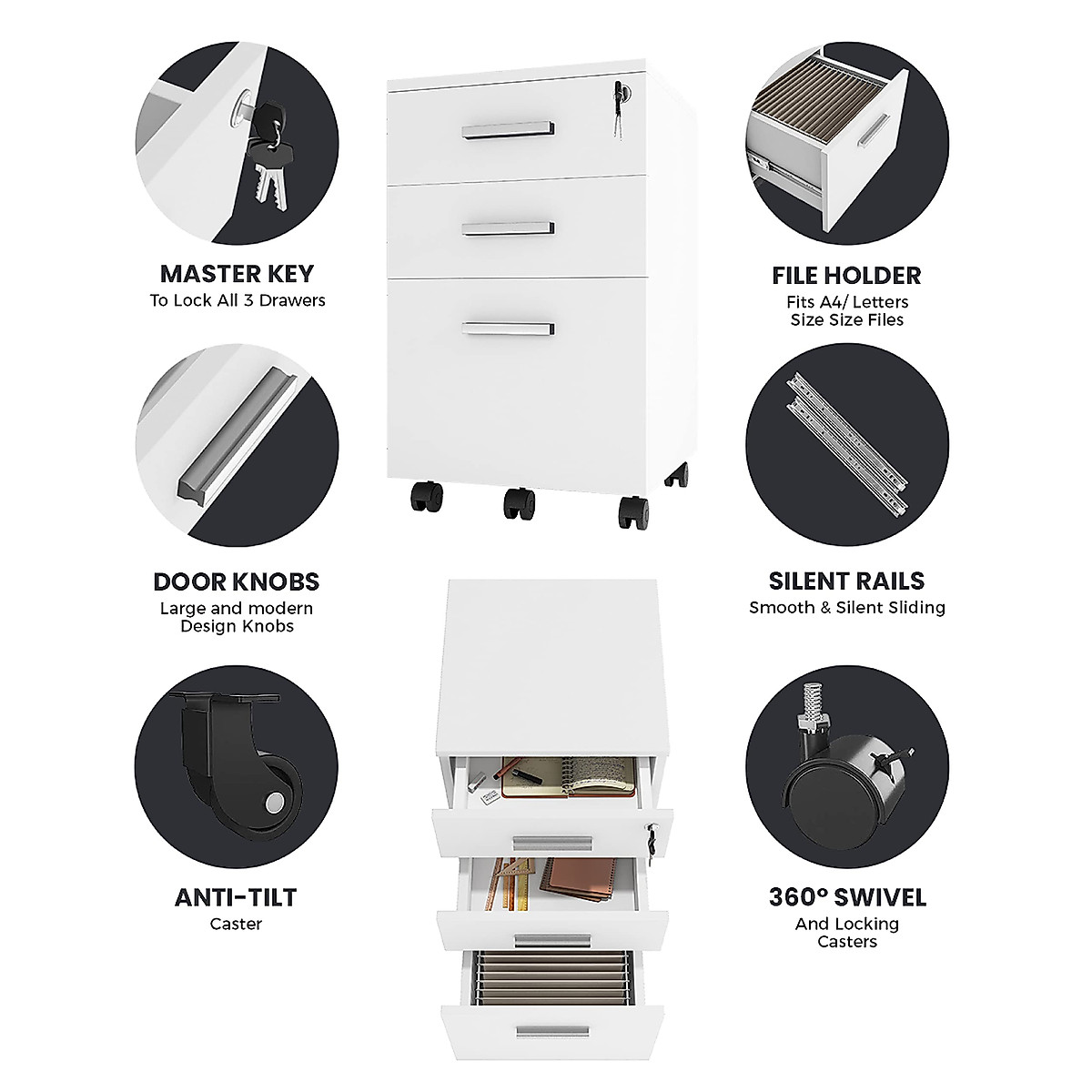 Lazio 26 Inch File Cabinet with Lock - Filing Cabinet for Home and Office - 3 Drawer File Cabinet with Wheels for A4 Sized Letters/Documents, Legal Sized Documents, Hanging File Folders - White/White