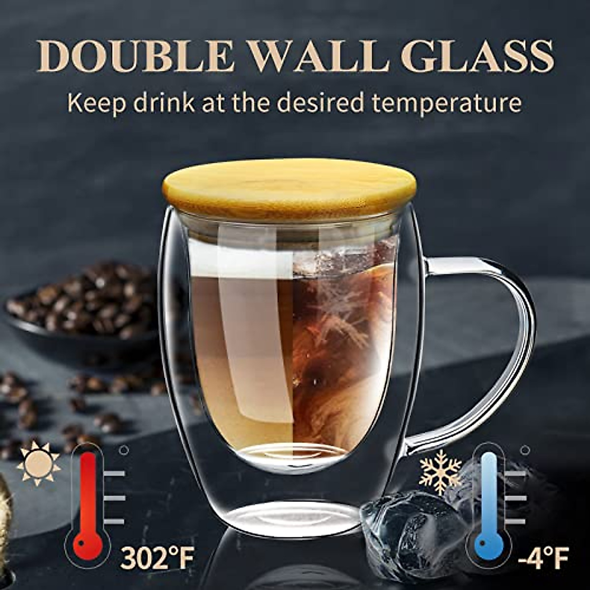 PARACITY Glass Coffee Mugs Set of 2 with Bamboo Lid/Spoon, Double Wall Insulated Clear Tea Cups 12 OZ with Hand for Cappuccino/Latte/Coffee, Borosilicate Glassware for Kitchen/Travel