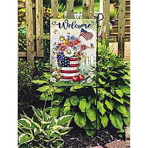 Texupday Welcome America Patriotic Floral Daisy Spring Summer Garden Flag Outdoor Yard Flag 12" x 18"
