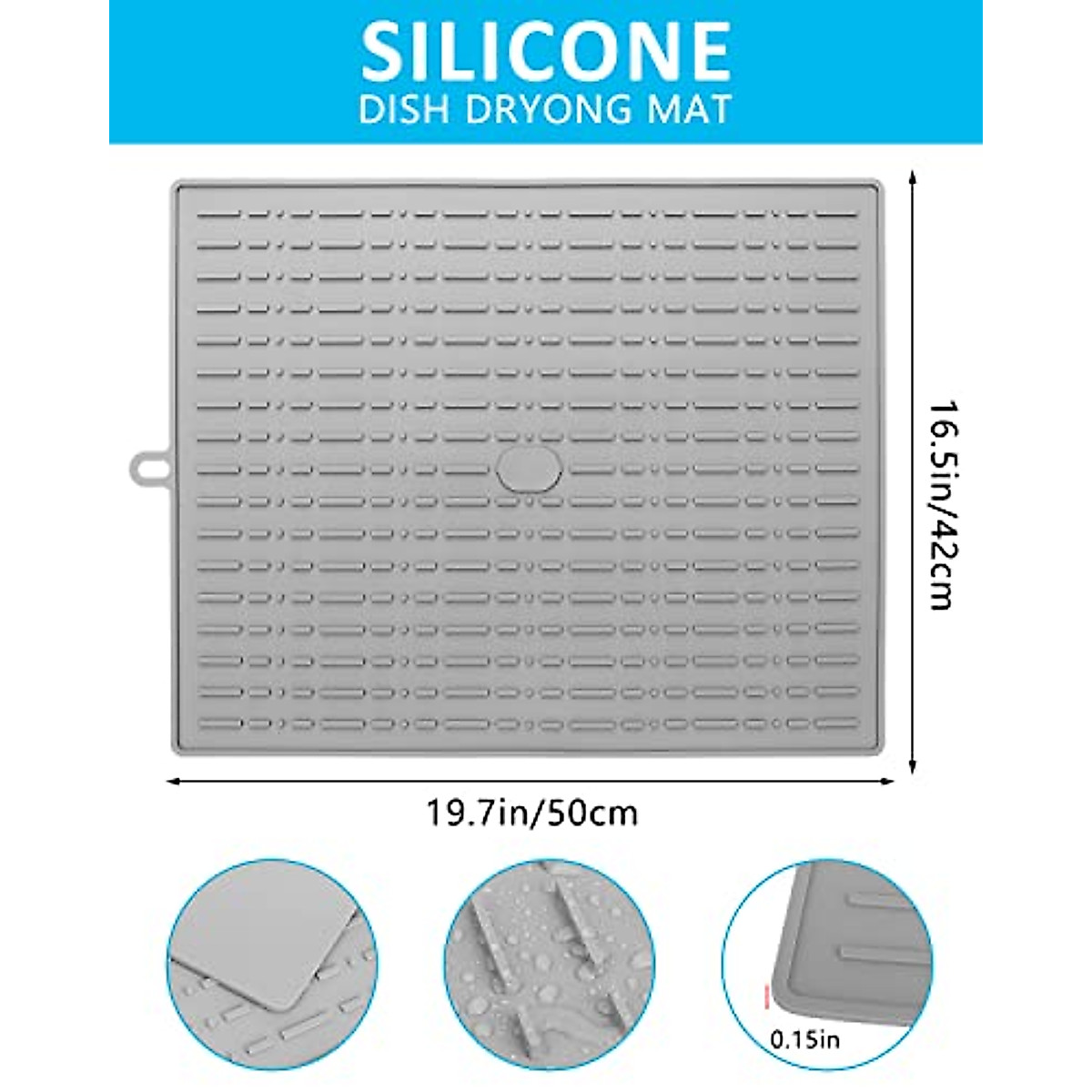 Large Silicone Dish Drying Mat with Faucet Mat - 20" x 16" - Dish Drying Mat, Dish Drainer Mat for Kitchen Counter, Heat Resistant Hot Pot Pad, Non-Slip Sink Mat, BPA Free, Dish Washer Safe(Grey)