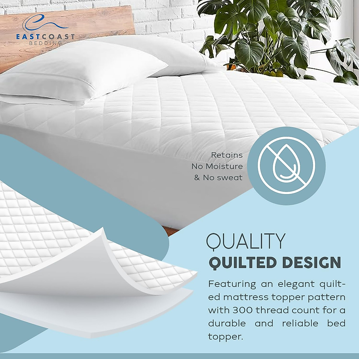 East Coast Queen Size Fitted Mattress Pad Protector - Breathable Quilted Soft Cotton Mattress Pad Cover Bedding Topper Protection, Moisture Resistant, 300 Thread Ct 18 Inch Deep Machine Washable