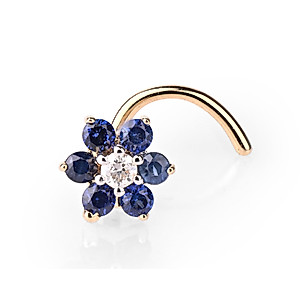 Demira Jewels 14K Yellow Gold Nose Piercing Wire Setting Stud with Real Diamond and Natural Blue Sapphire Flower – Elegant Wedding Nose Ring, Stunning Bridal Nose Jewelry.