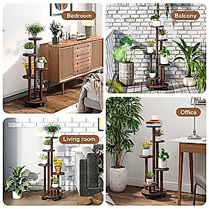 FILWH 5 Tier Plant Stand For Outdoor Indoor Tall Bamboo Movable Flower Stand With Wheels Plant Shelf Pot Holder Plants Corner Display Rack Multiple Planter For Living Room Balcony Garden Patio(Brown)