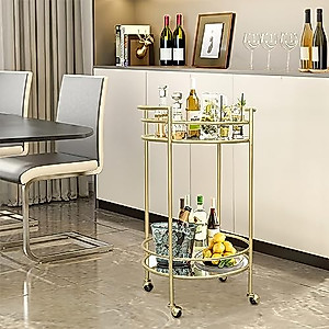 GIFTTROVE Gold Bar Cart for Home, 2 Tier Bar Serving Cart, Round Rolling Bar Cart with 2 Mirrored Shelves, Wine Cart Stand for Kitchen, Living Room