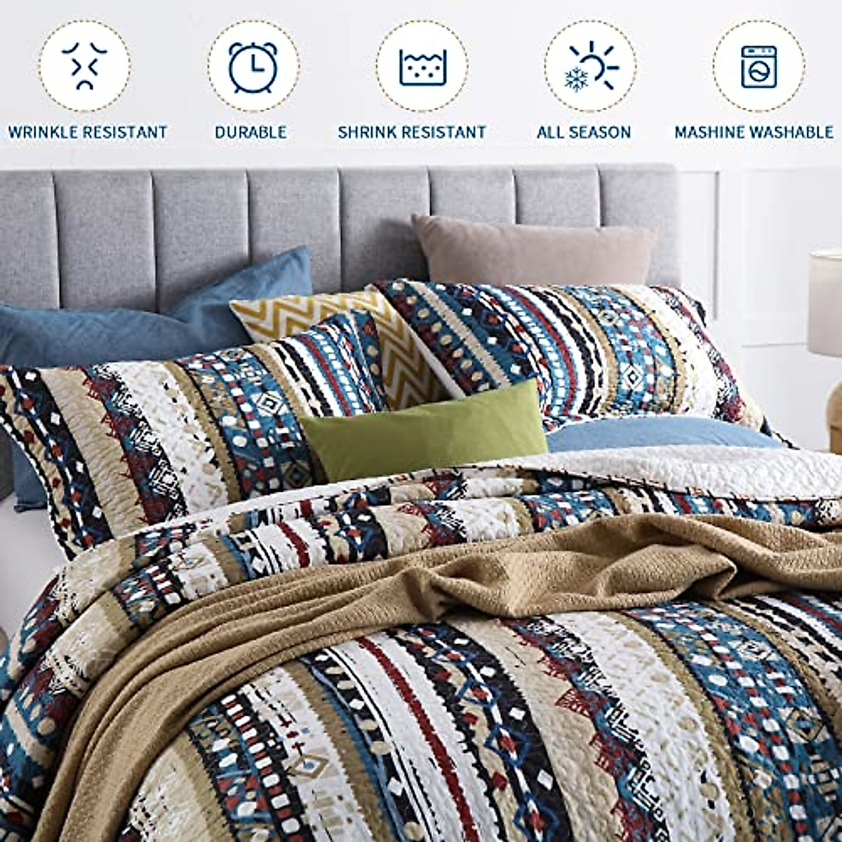 ENJOHOS Boho Striped Cotton Quilt King Size Sets - King Quilt Set for All Season, Lightweight Boho Quilts Bedding Set with 2 Pillow Shams