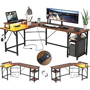 SZXKT L Shaped Gaming Desk with Power Outlets and Monitor Stand, Computer Desk with LED Lights,Home Office Desks Large Writing Study Table Workstation with Hooks Desk for Bedroom, Rustic Brown