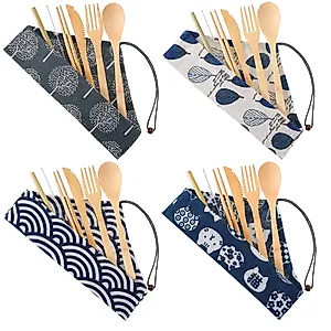 Boao 4 Sets Bamboo Utensils Wooden Utensils Set Reusable Cutlery Travel Chopsticks Fork Spoon Straw Portable Utensil Case for Travel Hiking Picnic Camping Cooking Office School Kitchen (Vintage Style)