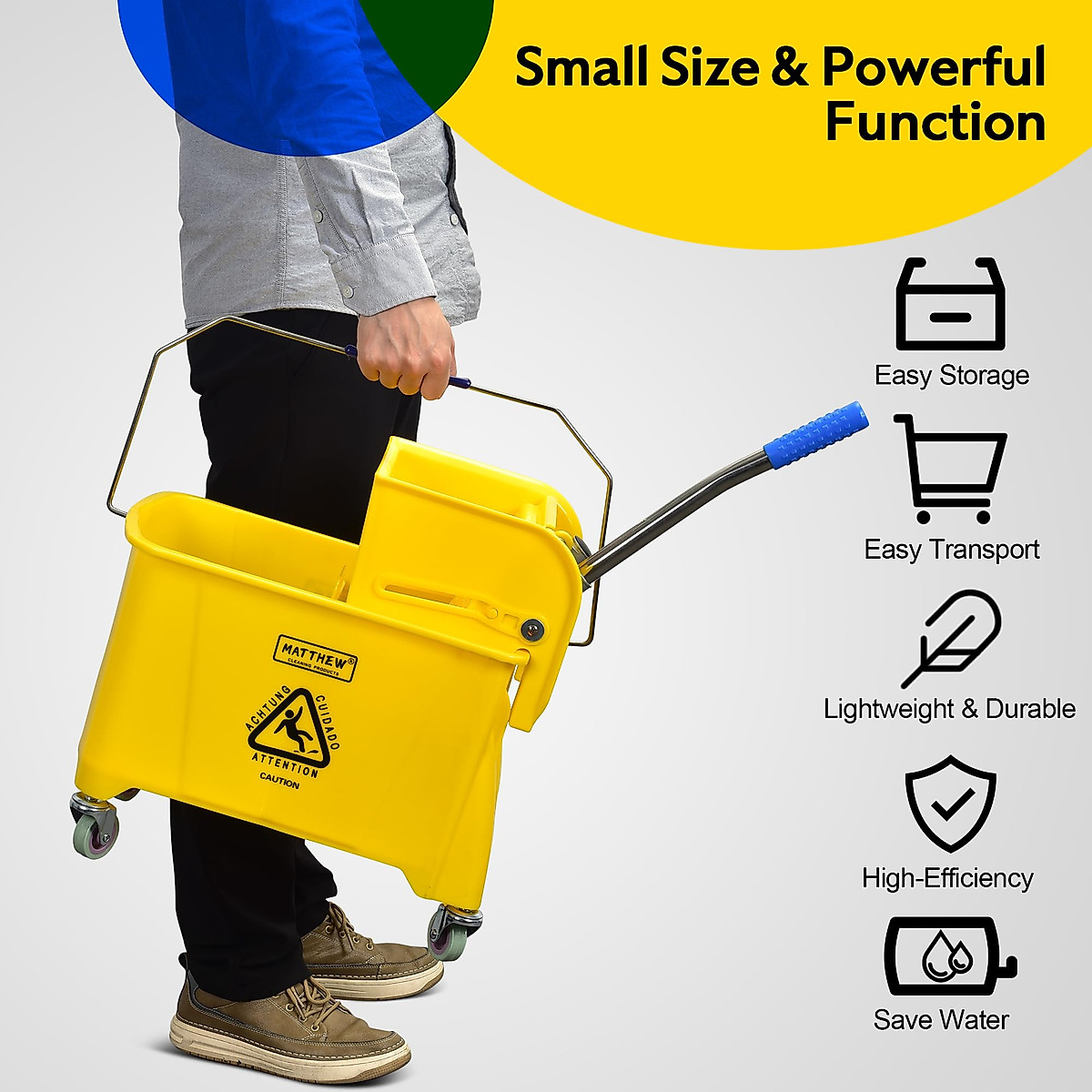 Matthew Cleaning Compact Mop Bucket INCL.2 Pack Mop Head with Side Press Wringer On Wheels,Tandem Portable Floor Cleaning Wavebrake,Ideal for Household,Industrial,Restaurant,Janitorial Use-22 Quart