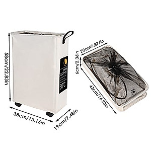 zzolee - Laundry Basket with Wheels, Slim Laundry Hamper with Laundry Cards, Ideal for Camper and Dormitory, 23x15x7.5 inch