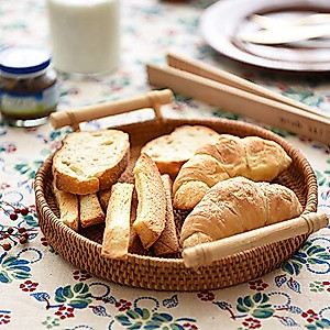 DECRAFTS Round Rattan Tray Woven Bread Basket with Handles Small Cracker Tray for Serving Dinner Parties Coffee Table Tea (Natural 11 inches Diameter)