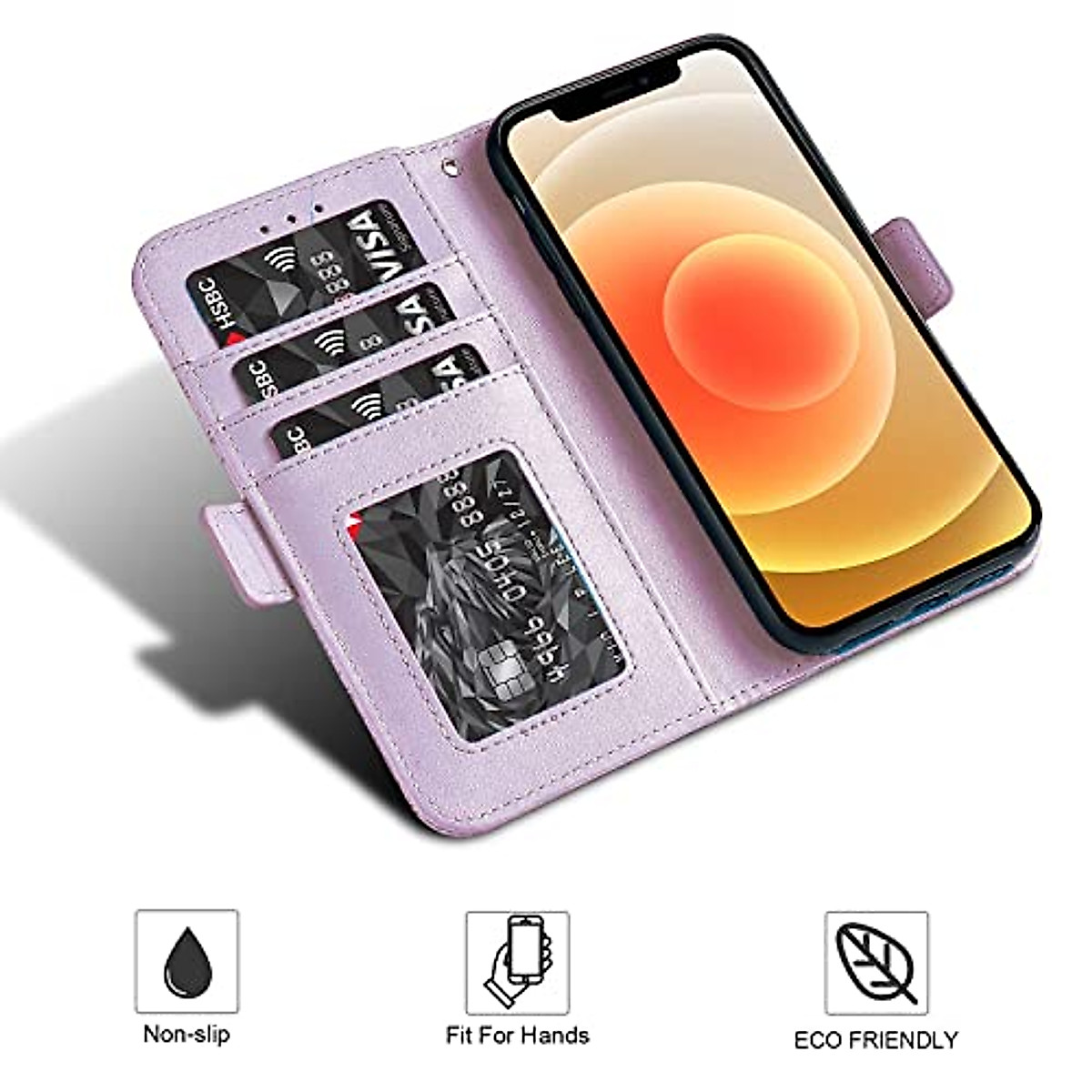 Amnirk iPhone 13 Wallet Case, PU Leather Flip Folio Case [Hand Strap] [3-Slots] Card Holders Pocket for iPhone 13 (Light Purple)