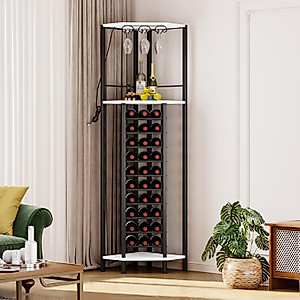 Homeiju Corner Wine Rack with Glass Holder and Led Strip Light, Corner Bar Wine Racks Free Standing Floor, Industrial Corner Bar Cabinet for Kitchen, Dining Room, Living Room or Cellar