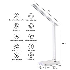 VAVOFO LED Desk Lamp with USB Charger, USB Charging Port, Table Lamp with 5 Brightness Levels Touch Control, 30/60 min Auto Timer, Dimmable Eye-Caring Desk Light for Home Office