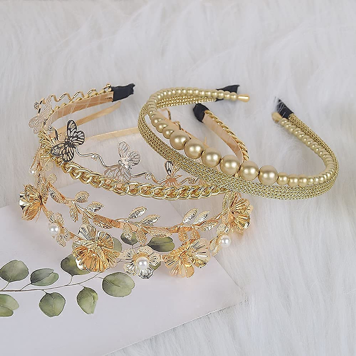 10 PCS Pearls Headband, Rhinestones, Gold Metal Headbands, White Hairbands Leaf Decor Metallic Butterfly Flower Chained Bridal Hair Hoop, Wedding Hair Accessories for Women Girls ¡­