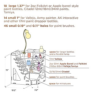 PLYDOLEX Wooden Corner Paint Organizer for 32 Bottles of Paints and 46 Paint Brushes - Paint Rack Organizer with 6 Miniature Stands and Scene for Photo-Shooting - Intended for Miniature Paint Set