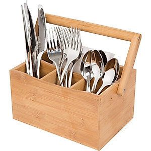 Cortesi Home Kira Natural Bamboo Cutlery Caddy Tabletop Holder with Handle and 4 Compartments, Brown