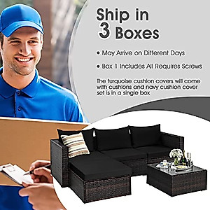 Tangkula 5 Piece Outdoor Patio Furniture Set, Sturdy Frame and Cushioned Sofa Ottoman, 2 Cushion Cover Sets, Wicker Sectional Sofa Set with Glass Top Coffee Table for Porch Garden (Turquoise & Black)