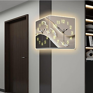 LTLWSH Modern Wall Clock, Nine Fish Figure Clock, Corner Painting Corner Clock, Double Sided Wall Clock, Sunny Corner Clock, Wall Clock Living Room Mural,C,with Light 40cm