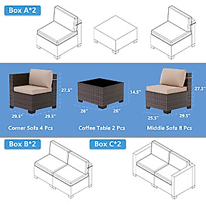 ASJMR Outdoor Patio Furniture Set, 14 Pieces Outdoor Sectional Furniture Patio Sofa, All-Weather PE Rattan Patio Conversation Set with Tempered Glass Top Table & Cushions(Brown).
