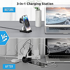 Charger Station for Apple Multiple Devices, 3 in 1 Fast Wireless Charging Dock Stand for Apple Watch 8 7 6 SE 5 4 3 2 iPhone 14 13 12 11 Pro X Max XS XR 8 7 Plus 6s 6 AirPods 1 2 3 Pro with Adapter