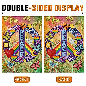 Dyrenson World Peace Love Decorative Garden Flag Double Sided, Rainbow Inspirational Burlap Yard Outside Decorations Outdoor Small Decor 12x18