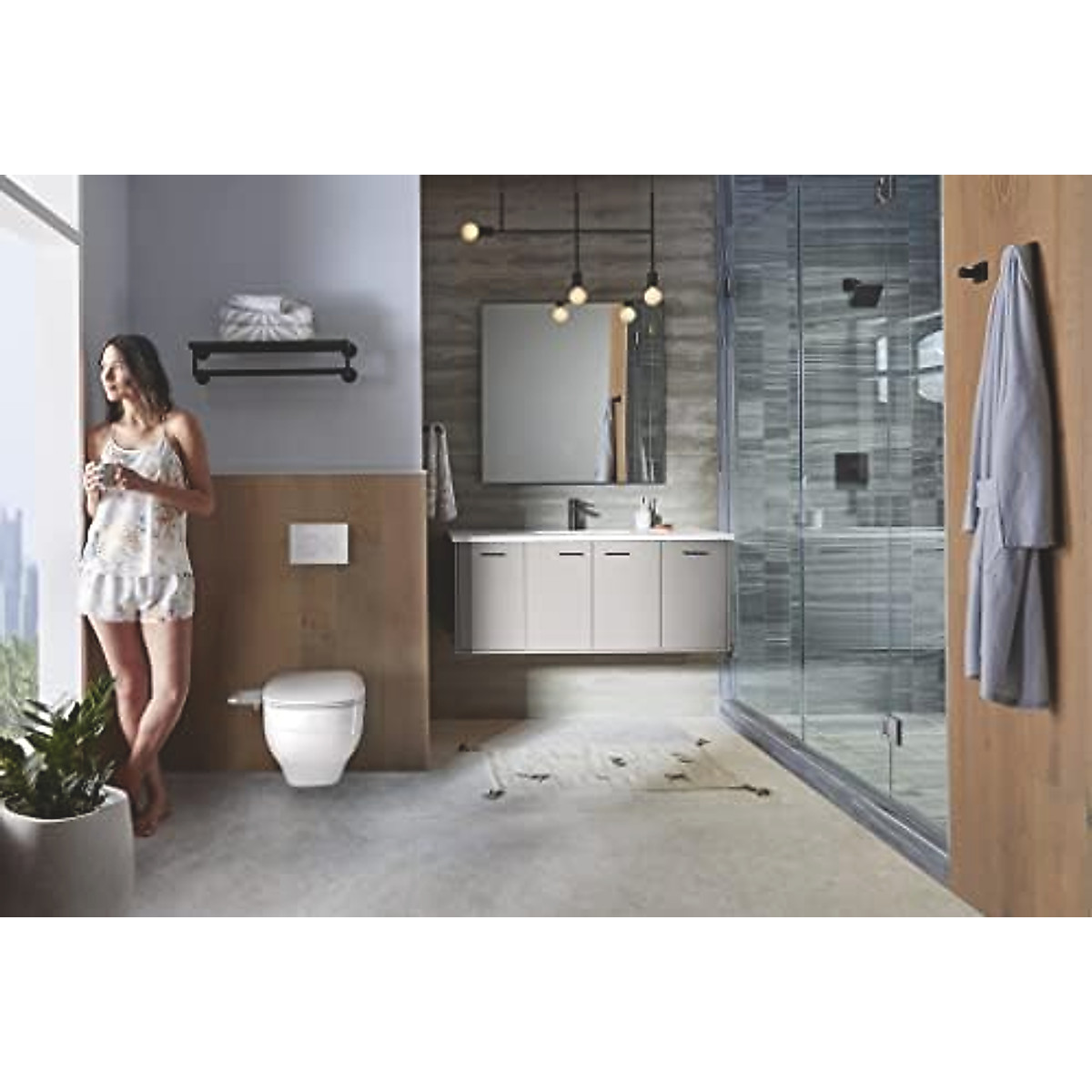 KOHLER 20466-0 Stonewood Toilet Seat, Quiet-Close Elongated, Slow Close, Wooden Toilet Seat, White & Purewash Toilet Seat Attachment for Bidet functionality, 22860-0, White