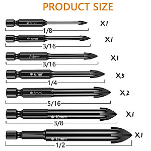 12 Pieces Glass Concrete Drill Bit Set Masonry Drill Bits for Brick, Tile, Plastic and Wood, Tungsten Carbide Tip for Wall Mirror and Ceramic Tile on Concrete and Brick Wall 3-12Mm (Black,3-12 Mm)