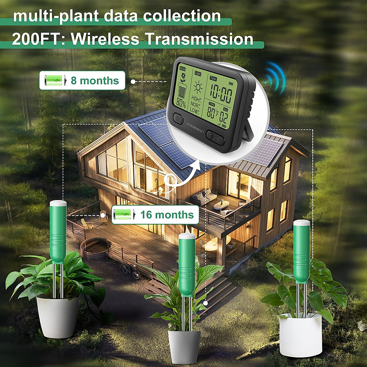 VODESON 4in1 Plant Soil Moisture Meter with 230ft RF Wireless Includes Battery-Waterproof & LCD Display for Moisture,Temp,Sunlight,Time,Ideal for Garden, Farm, Lawn Care-Outdoor Plant Monitoring