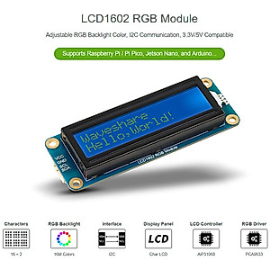 waveshare for Arduino Raspberry Pi/Pi Pico Jetson Nano, LCD1602 RGB Module 16x2 Characters up to 16 Million Colors Adjustable RGB Backlight Color I2C Interface 3.3V/5V