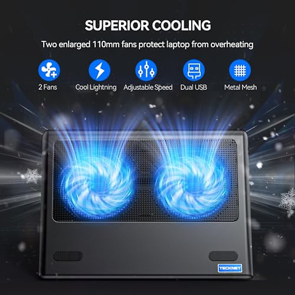 TECKNET Laptop Cooling Pad, 12"-15.6" Laptop Cooler, Gaming Cooling Pad Stand, Wind Speed Adjustable, 2 USB Powered Fans Cooling Pad for Laptop Within 16 Inch (Blue)