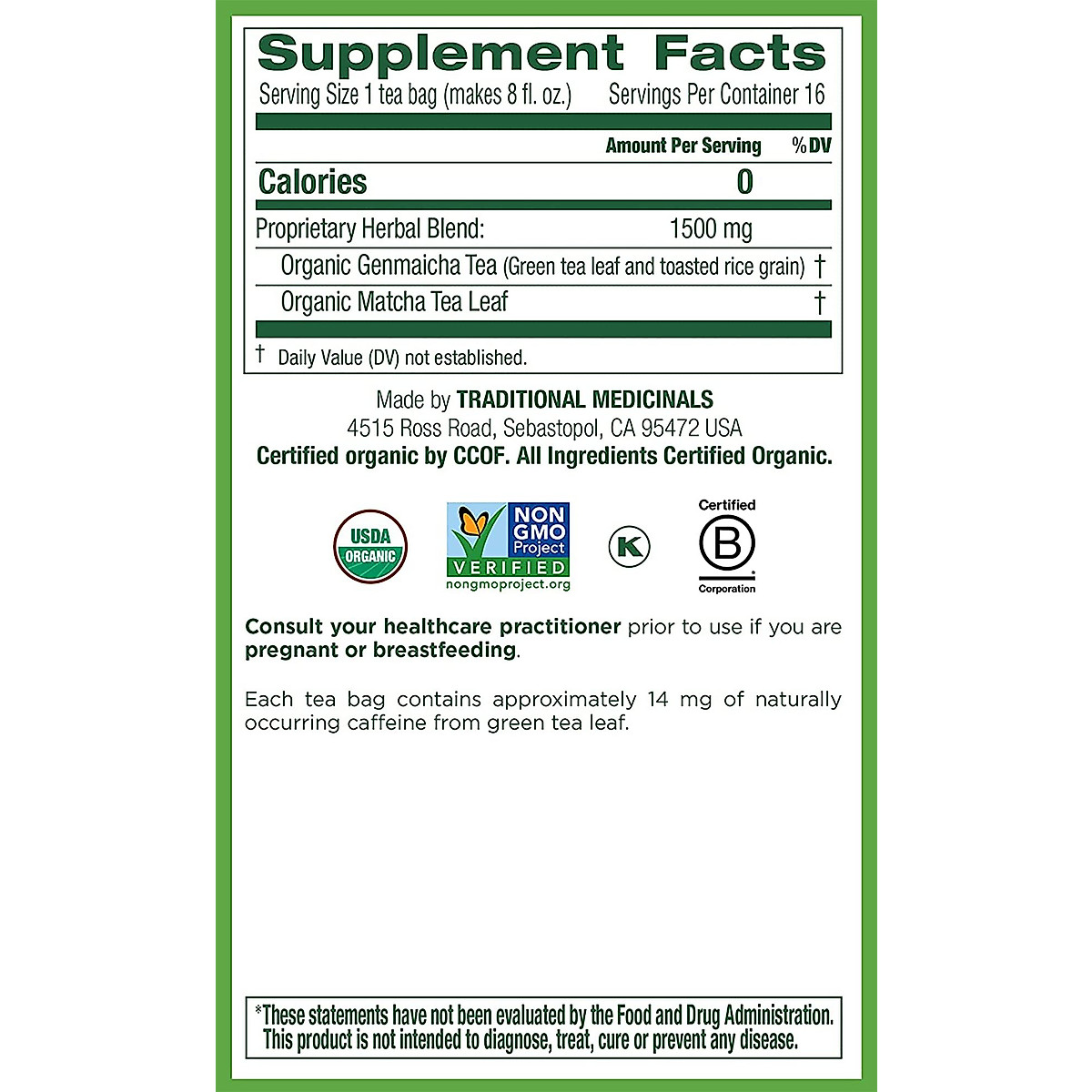 Traditional Medicinals Organic Green Tea With Toasted Rice, Matcha (Pack of 2) 32 Tea Bags Total