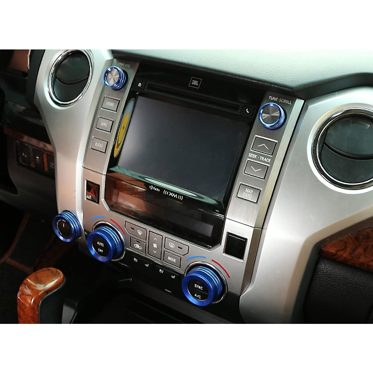iJDMTOY 5pc-Set Blue Aluminum Air Conditioner Stereo Volume/Tune 2WD/4WD Switch Turner Ring Covers Compatible with 2017-2021 Toyota Tundra w/ 2-AC Center Console