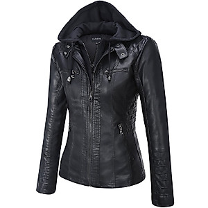 Tanming Women's Hooded Faux Leather Jackets (XX-Large, Black)