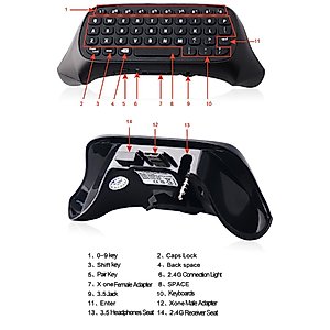 Megadream Xbox One USB 2.4Ghz Mini Wireless Qwerty Keyboard Gaming Chatpad Keyboard for Microsoft Xbox One and Xbox One S Controller PC - [Audio Compatible] - Black
