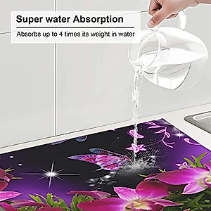 Pink Flower and Butterfly Printed Drying Mat For Kitchen Ultra Absorbent Microfiber Dishes Drainer Mats Non-Slip Silicone Quick Dry Pad - 18 X 16inch
