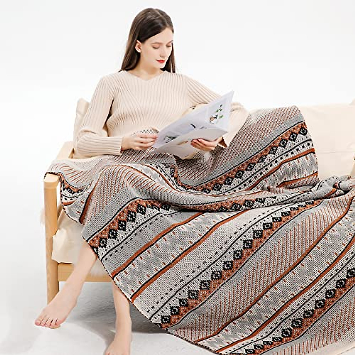 SahSahCasa Bohemian Knitted Throw Blanket wiz Tassels, Brown Throw Blanket for Sofa, Couch, Bed, Camping, Bohemian Decor for Room, Bedroom, Living Room