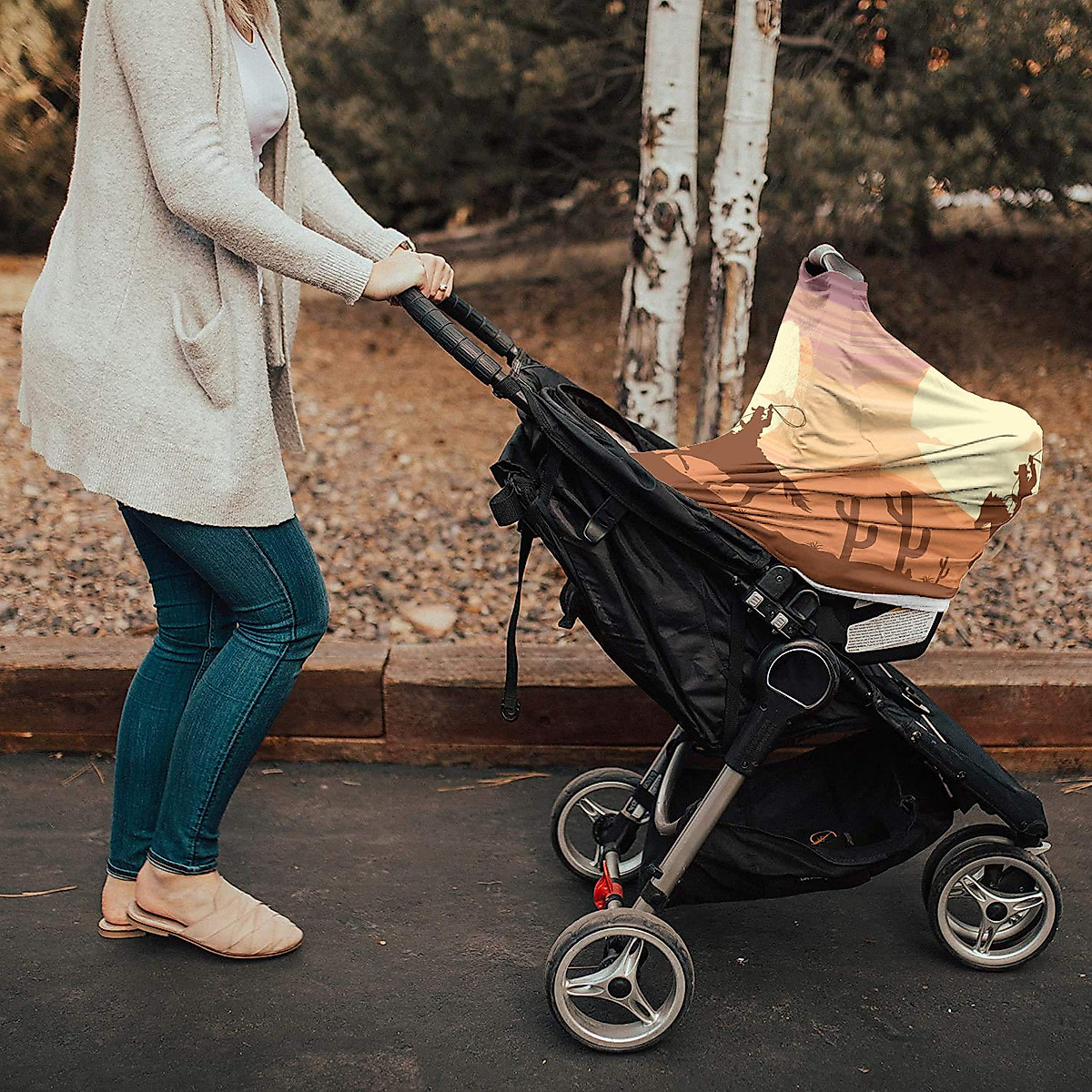 Western Landscape Baby Car Seat Cover, Multi-Use Nursing Cover for Boys, Girls, Infants, Snug Warm Stroller Covers for Babies, Doodles Horseman in The Sunset Cactus