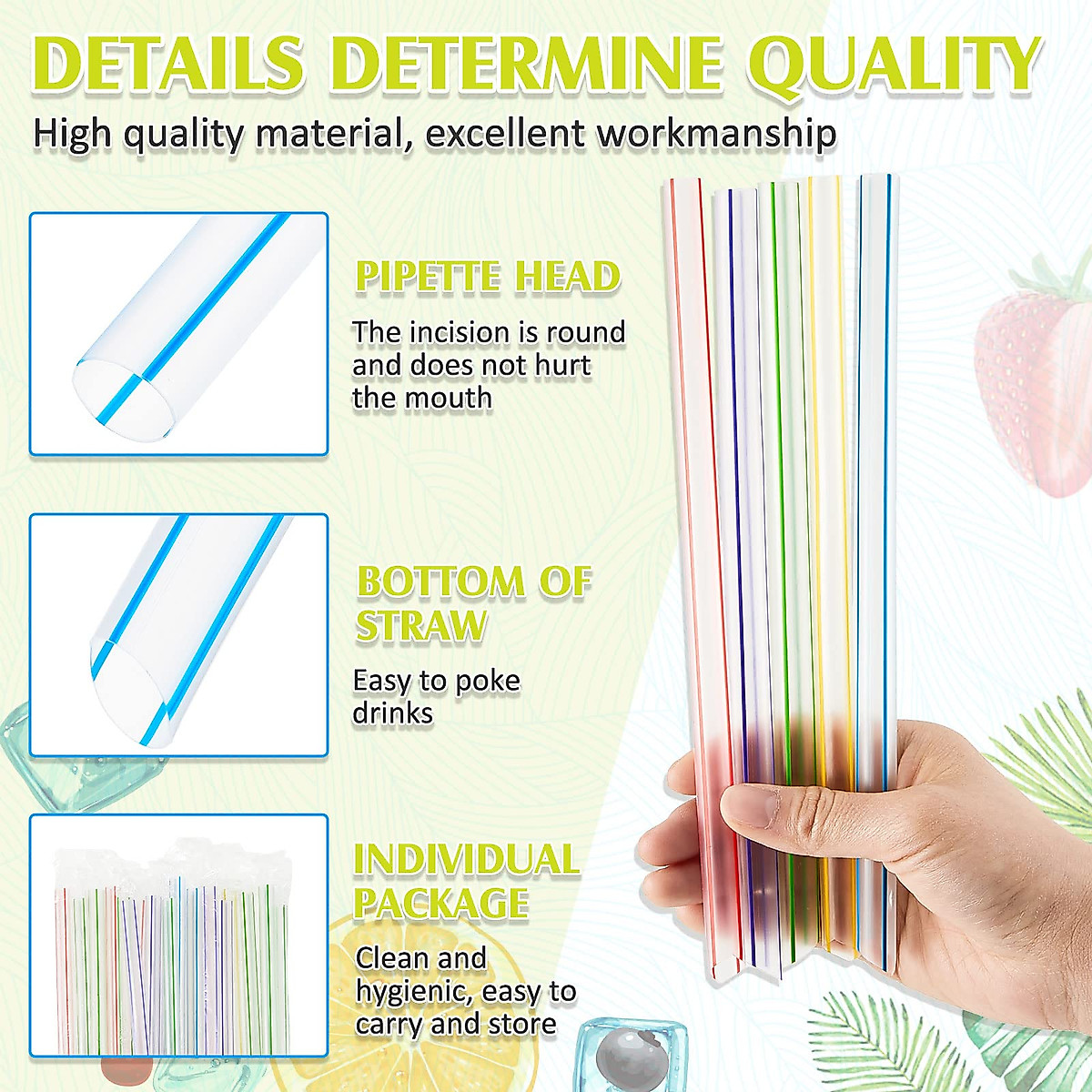 300 Pcs Jumbo Boba Straws Large Smoothie Straws Individually Wrapped Bubble Tea Striped Straws 9.06 Inches Extra Wide Plastic Milkshake Straws Disposable Drinking Straws with Pointed End for Drinks