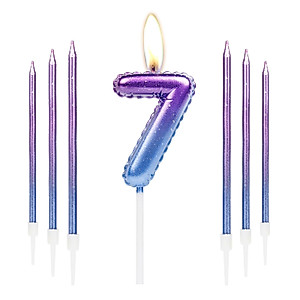 iNINGER New Purple Blue Number 7 Happy Birthday,7th Helium Foil Balloons Style Digital Gradient Candles,3D Number Candles for Birthday Cake Party Decoration Wedding Anniversary Celebration Supplies