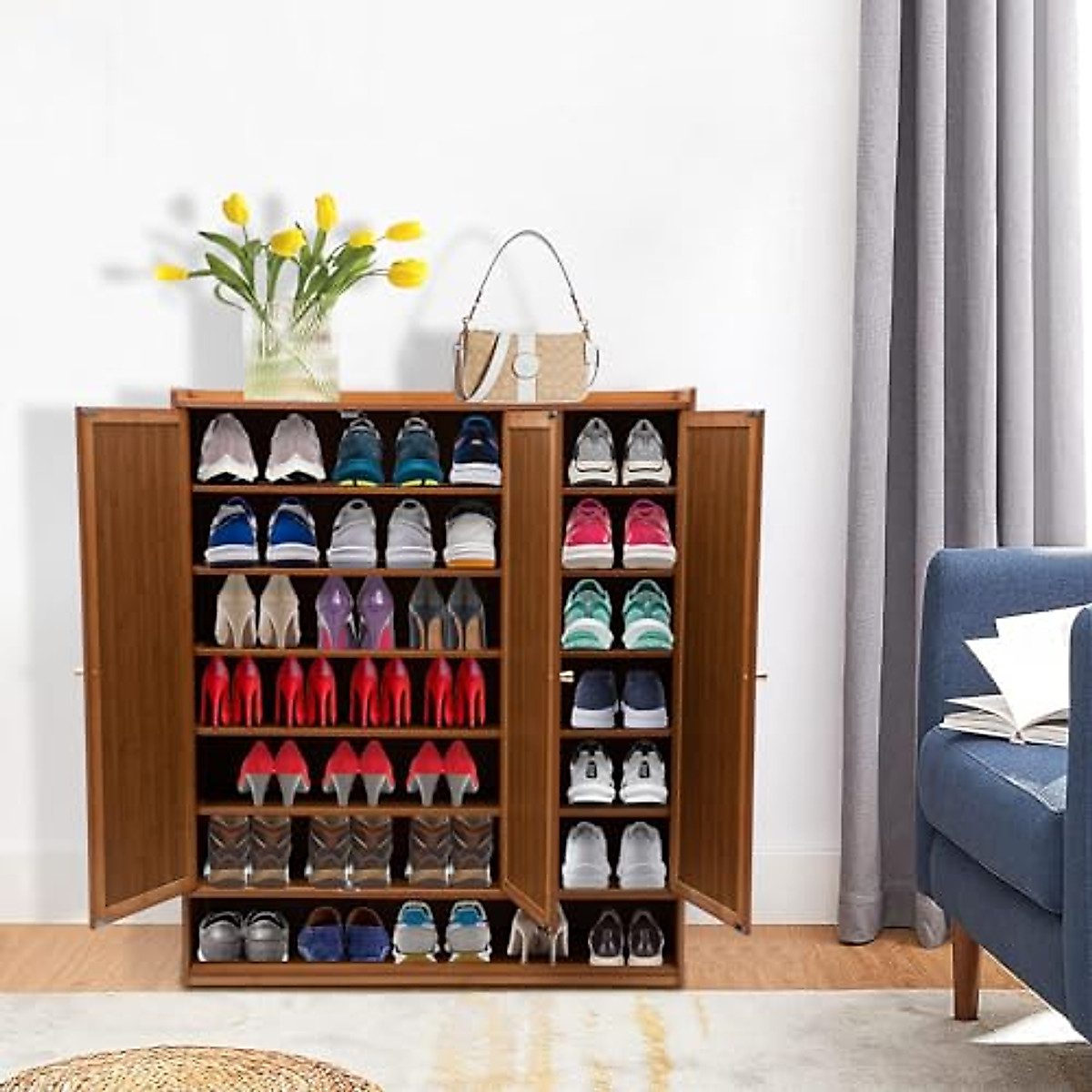 DYRABREST Bamboo Shoe Cabinet with 3 Doors, 8 Tier Free Standing Shoe Racks Shoe Rack Shelf Large Capacity Shoe Storage Cabinet for Hallway Office Living Room (8 Tiers)