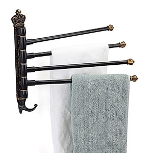 SDH Towel Rack 4-Arms Aluminum Wall Mounted Hand Towel Holder with Hooks 180° Swivel Rotation Space Saving Vintage Theme Design Towel bar for Kitchen & Bathroom Storage