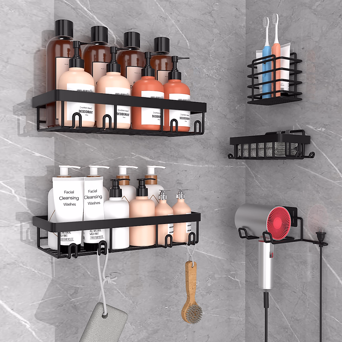 GOMALL Shower Caddy, 5 Pack Bathroom Organizers and Storage, Rustproof Stainless Steel Shower Organizer Bathroom Shelves With Large Capacity,No Drilling Shelves For Bathroom, Apartment Essentials,Home