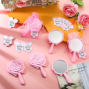 24 Sets Baby Shower Party Favors 24 Pcs Pink Rose Design Handheld Mirrors Thank You Gift Cards and Organza Bags for Guest Gifts Girls Baby Shower Gender Reveal Party Supplies