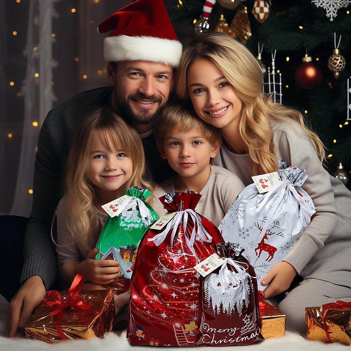 Christmas Gift Bags Assorted Sizes - 20PCS Drawstring Christmas Bags for Presents, Christmas Wrapping Bags Bulk, Plastic Xmas Favor Bags, 4 Designs (5 of Each) Extra Large/Big/Medium/Small Sizes